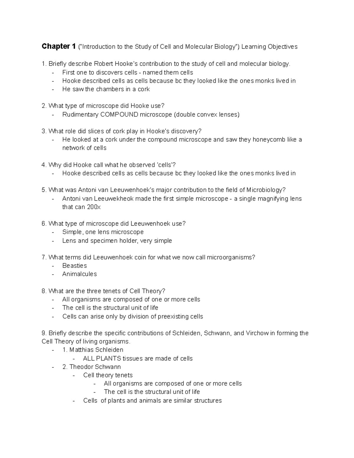 Bio230 Learning Objectives Cell and Molecular Biology - Chapter 1