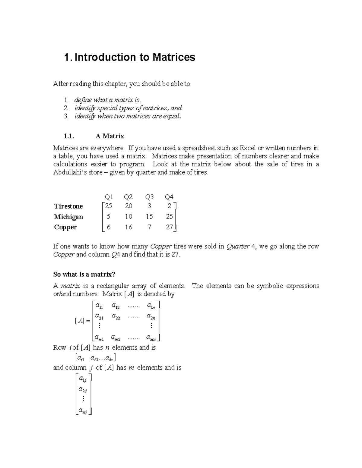 CSC 223 Introduction to Matrices - 1. Introduction to Matrices After ...