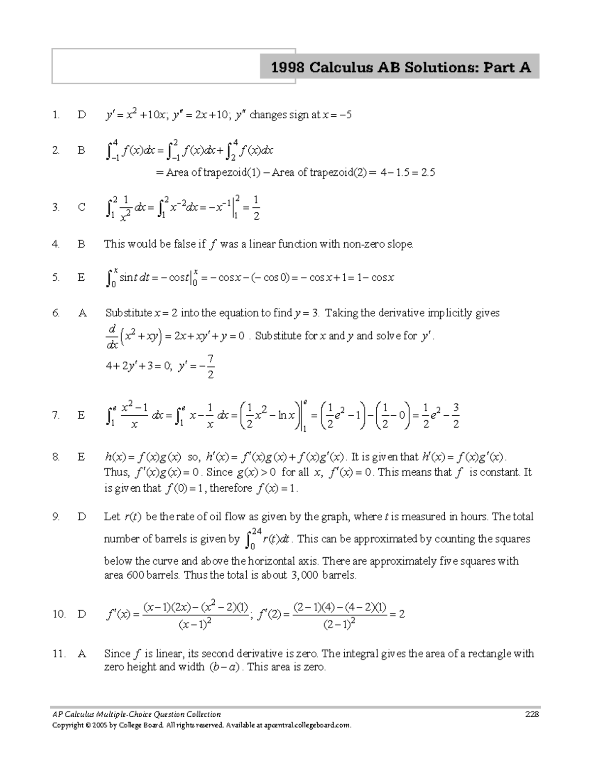 APCalc AB MC 98 Answers - Homework - AP Calculus Multiple-Choice ...