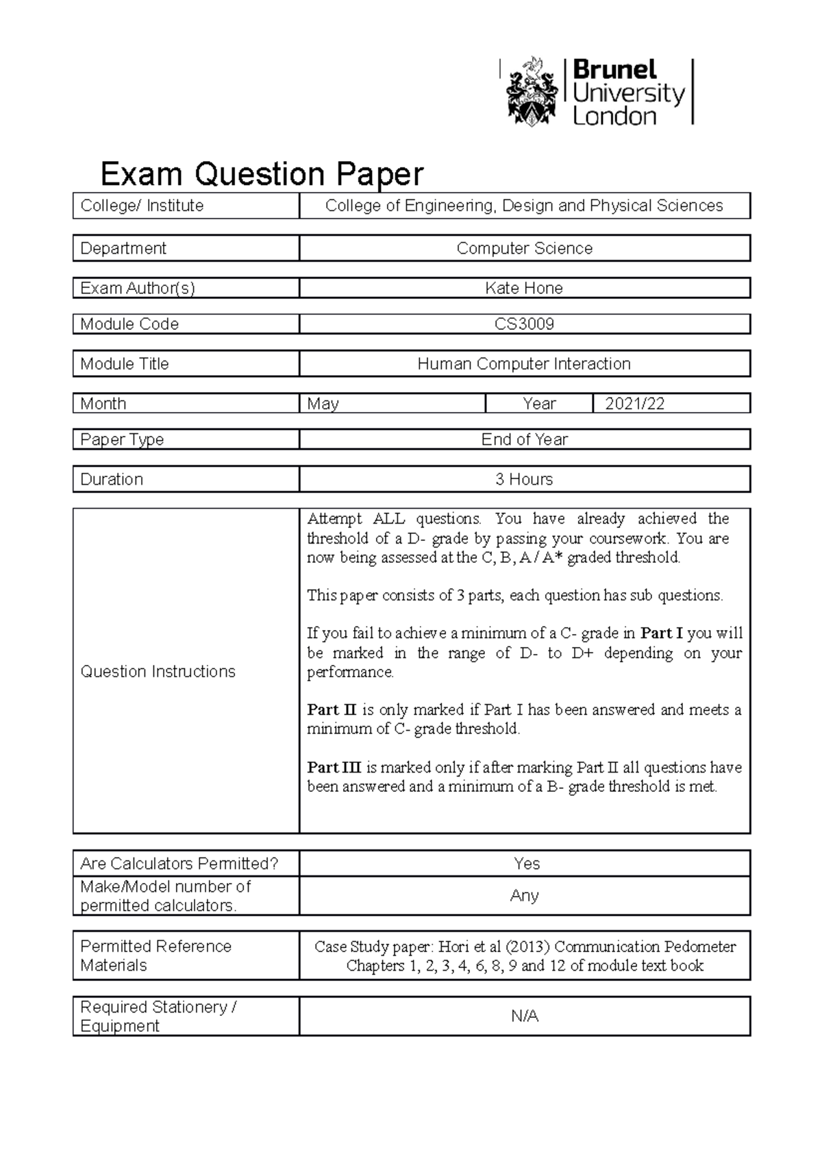 Past paper - Exam Question Paper College/ Institute College of ...