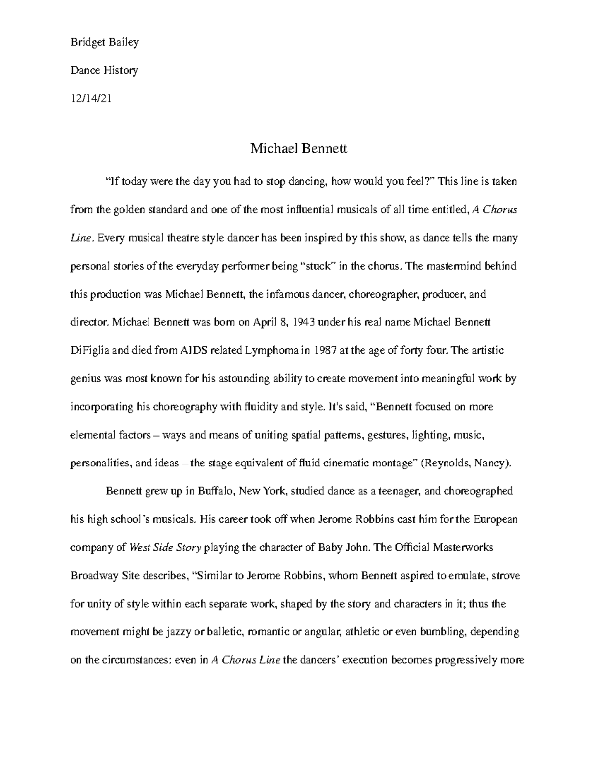 Michael Bennett paper - Dance History 12/14/ Michael Bennett