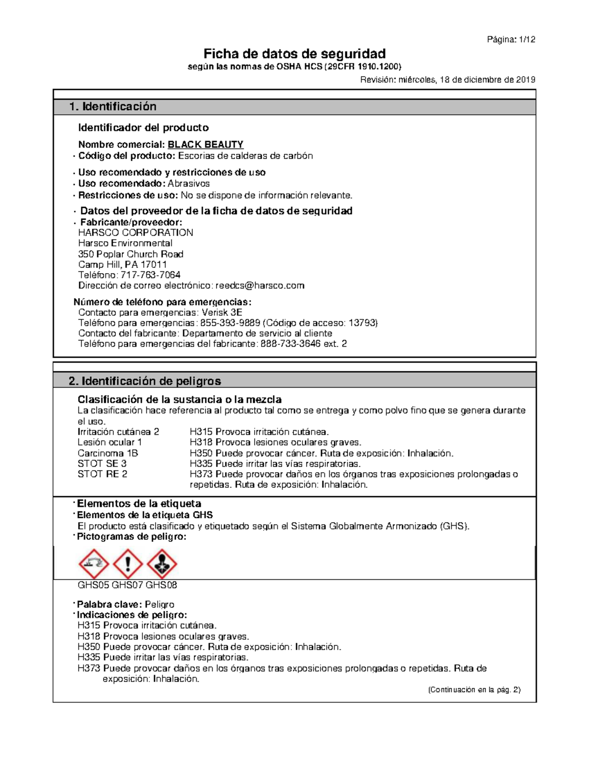 SDS Black Beauty - US Jan2020 Spanish - Ficha de datos de seguridad según las normas de OSHA HCS ...