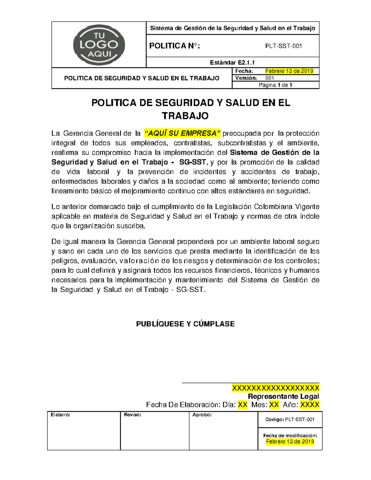 PLT-SST-001 Política de Seguridad y Salud en el Trabajo - Sistema de Gestión de la Seguridad y ...