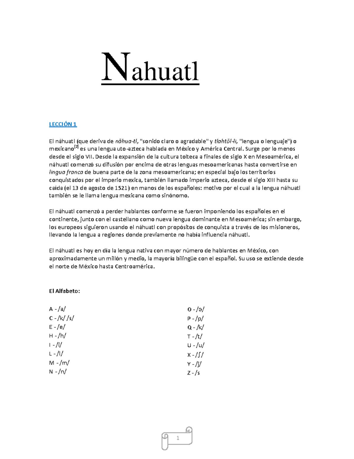 Curso de nahuatl en espaol 1 - Nahuatl LECCIÓN 1 El náhuatl (que deriva ...