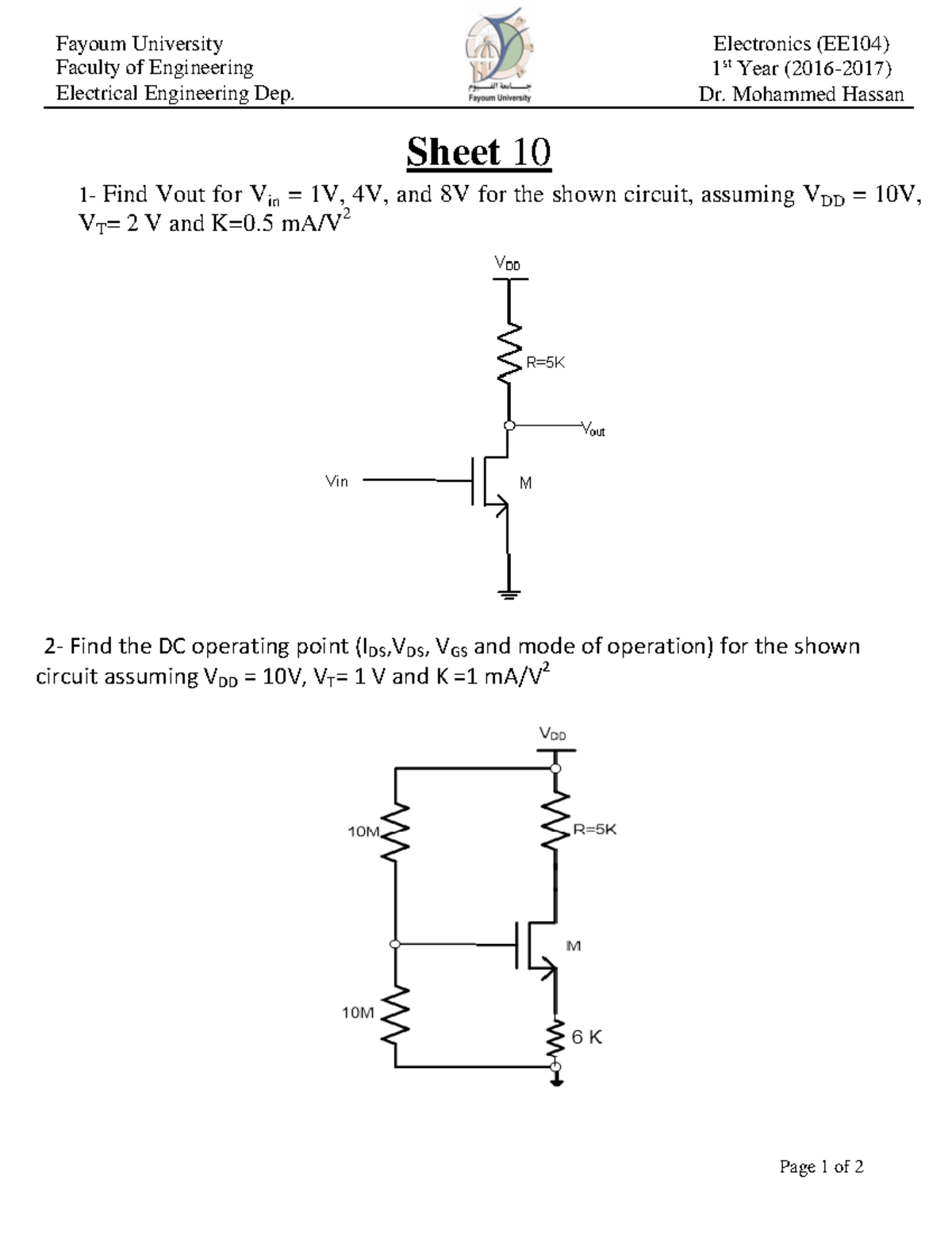 Sheet 10 - Fayoum University Faculty of Engineering Electrical ...
