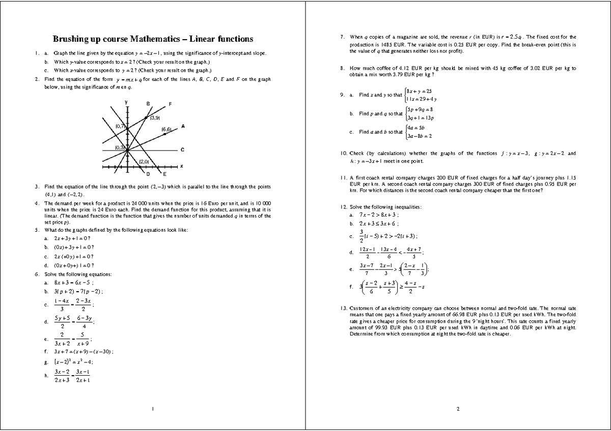 10 Linear-functions-exercises - 1 Brushing up course Mathematics – Linear functions a. Graph the ...