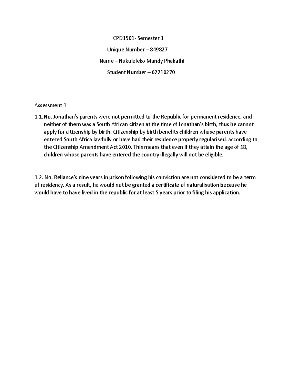 CPD1501- (S1)- Assessment 1 - CPD1501- Semester 1 Unique Number ...