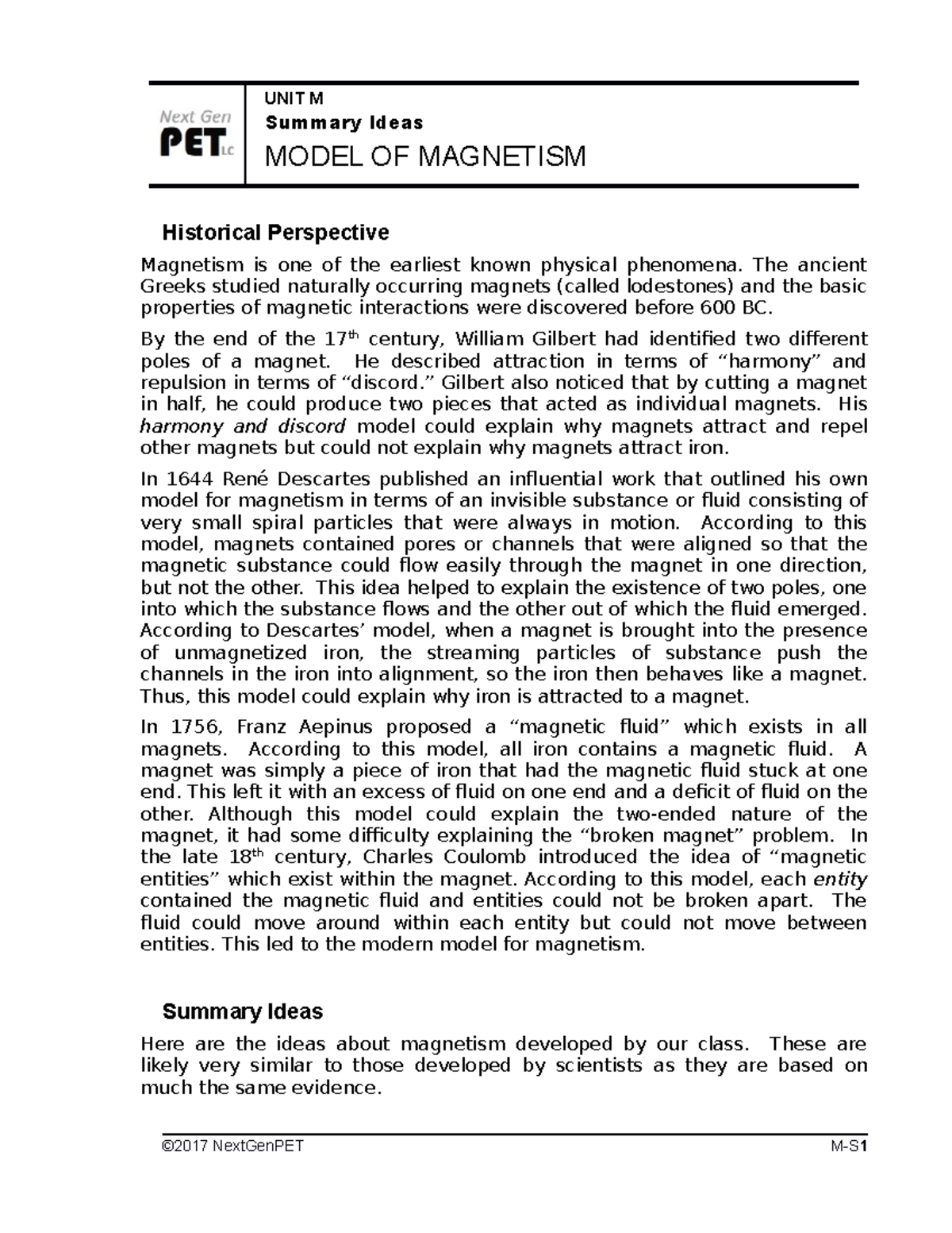 Unit M Summary Ideas (Magnetism workbook) - Summary Ideas MODEL OF ...