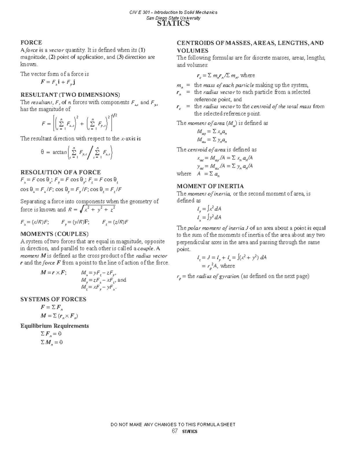 EIT Approved Formula Sheet - 67 STATICS FORCE A force is a vector ...