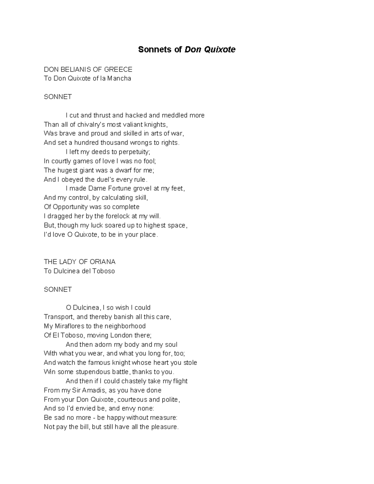 Don Quixote SOnnets - Sonnets of Don Quixote DON BELIANIS OF GREECE To ...