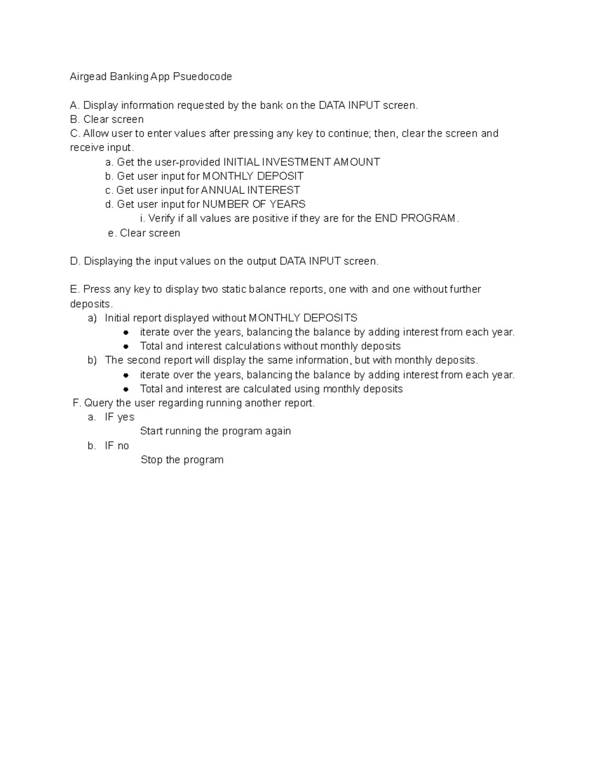 Airgead Banking App Psuedocode Display Information Requested By The Bank On The Data Input