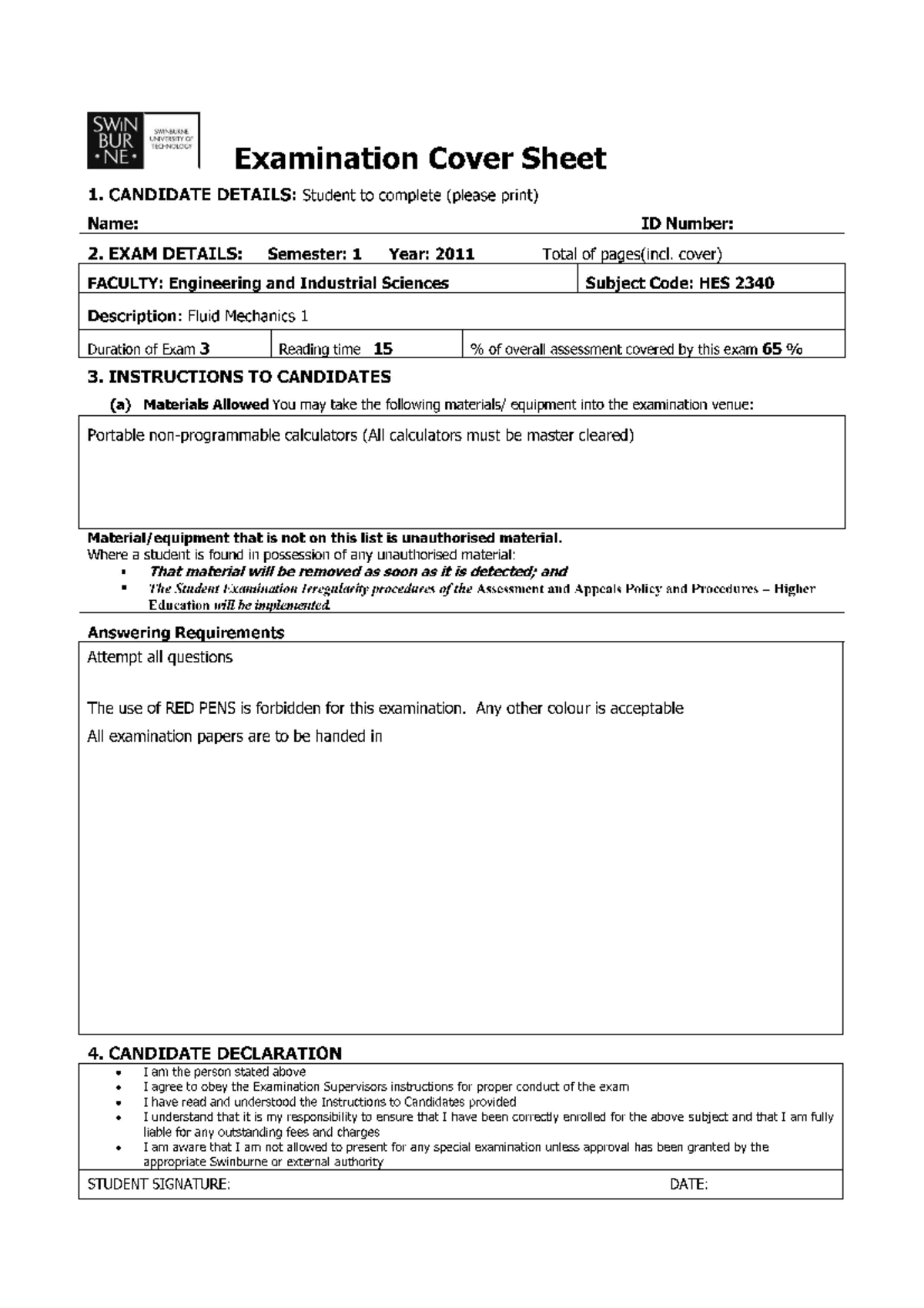 Exam 2011, questions - Examination Cover Sheet CANDIDATE DETAILS ...