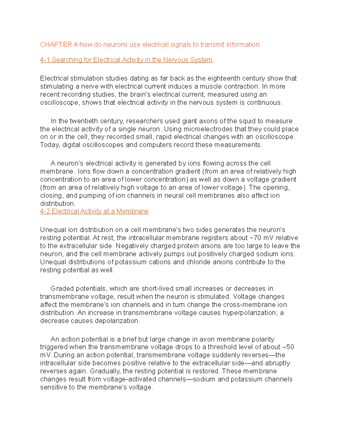 Chapter 4 - Lecture notes 4 - CHAPTER 4-how do neurons use electrical ...