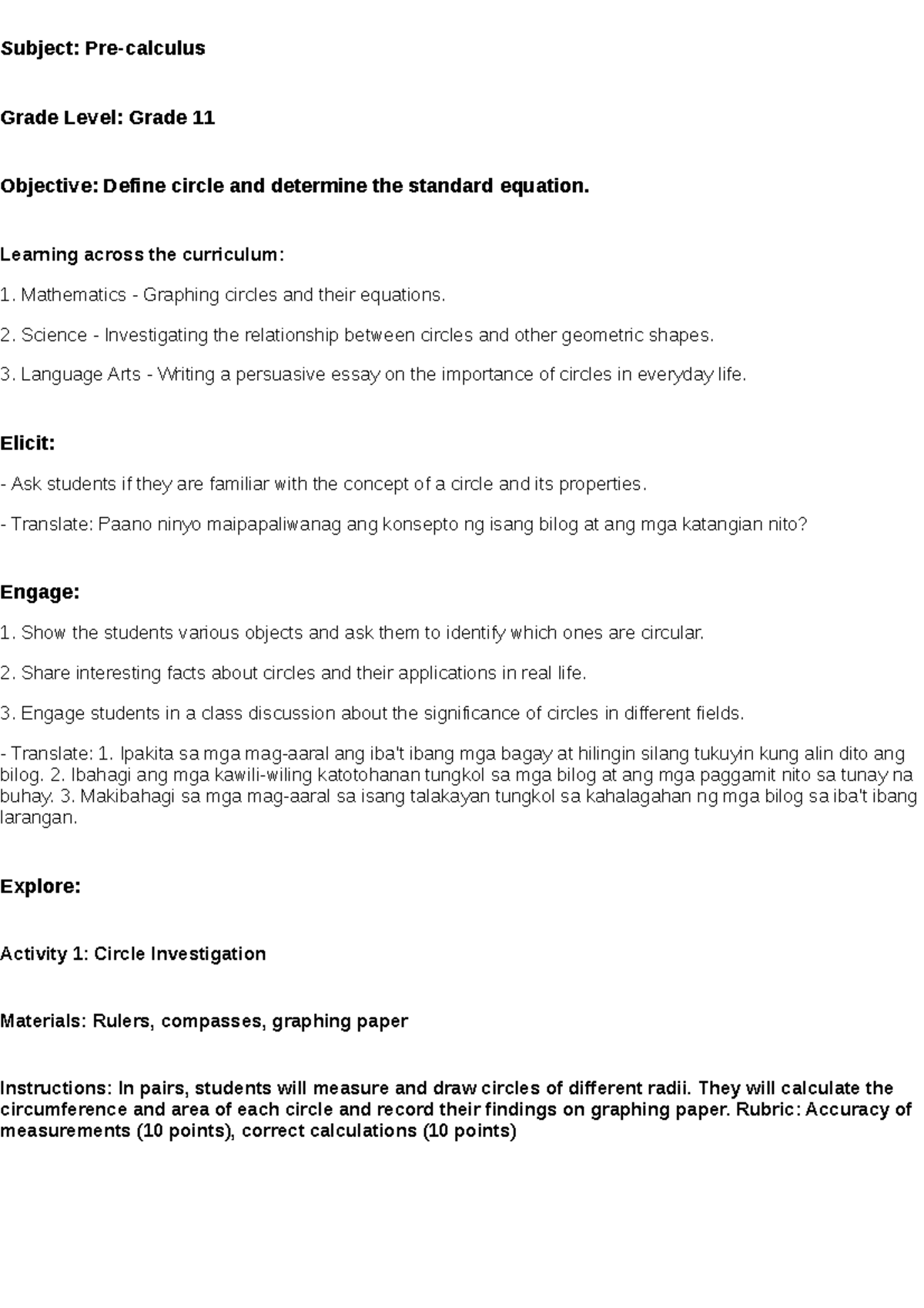 Lesson plan - circle - Subject: Pre-calculus Grade Level: Grade 11 ...