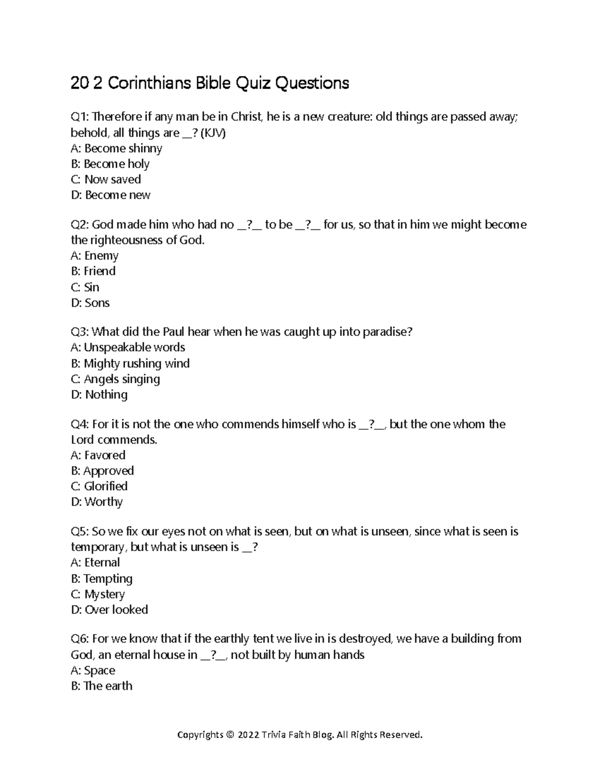 2-C - it is a question and answer for 2 Corinthians - 20 2 Corinthians ...