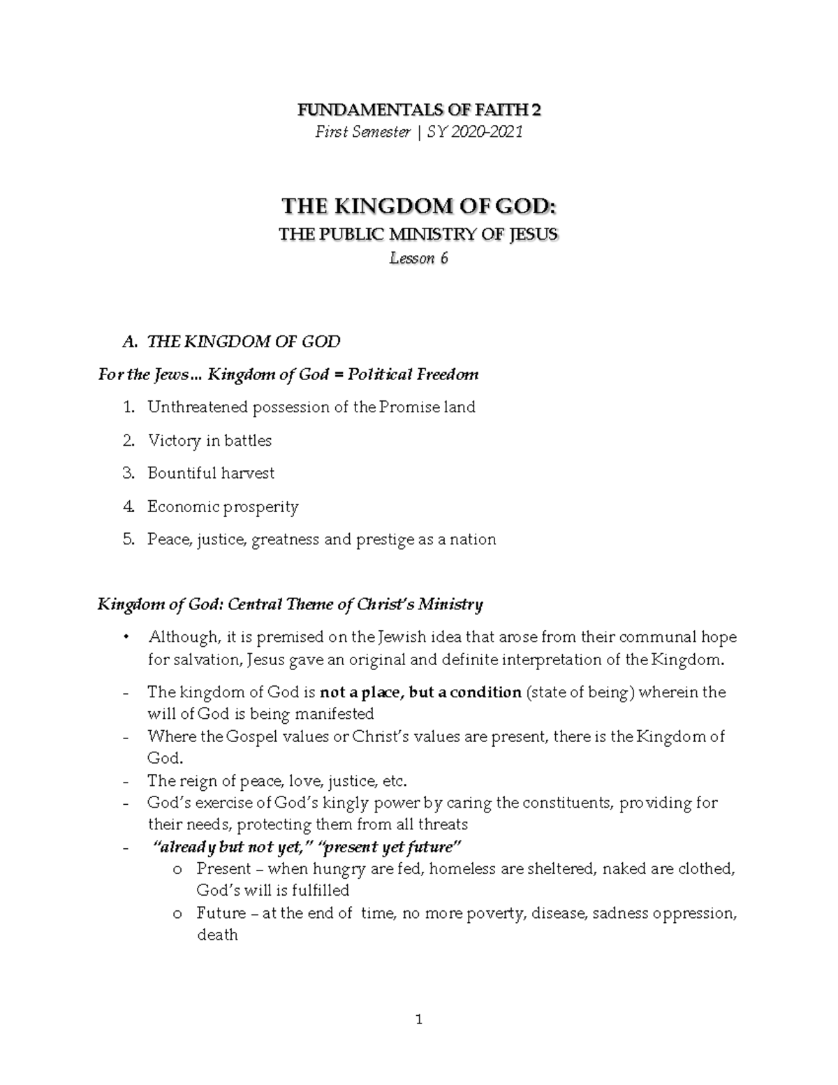 The Kingdom of God - The Public Ministry of Jesus (Handout ...
