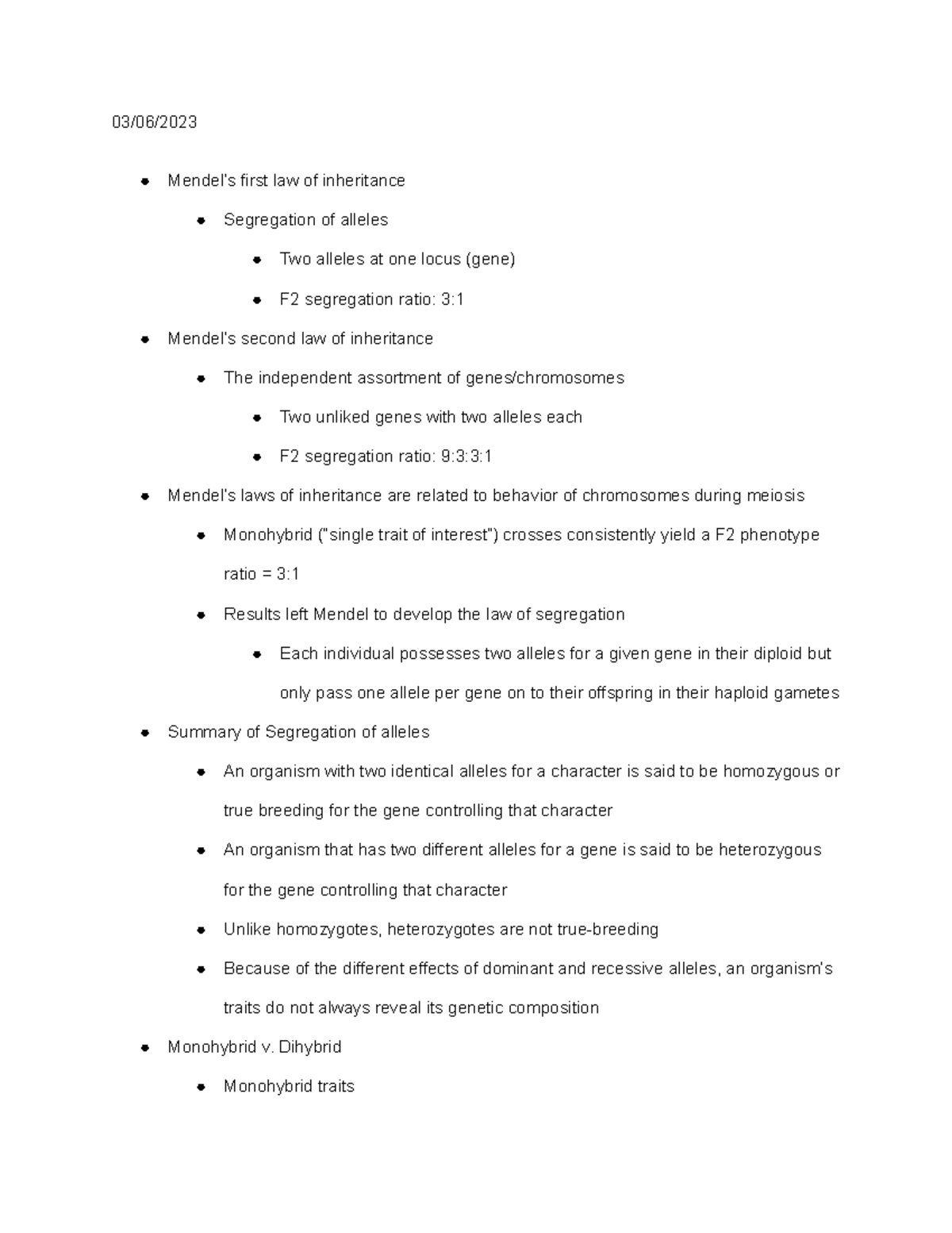 PBIO004- Mendel's Laws of Inheritance - 03/06/ Mendel’s first law of ...
