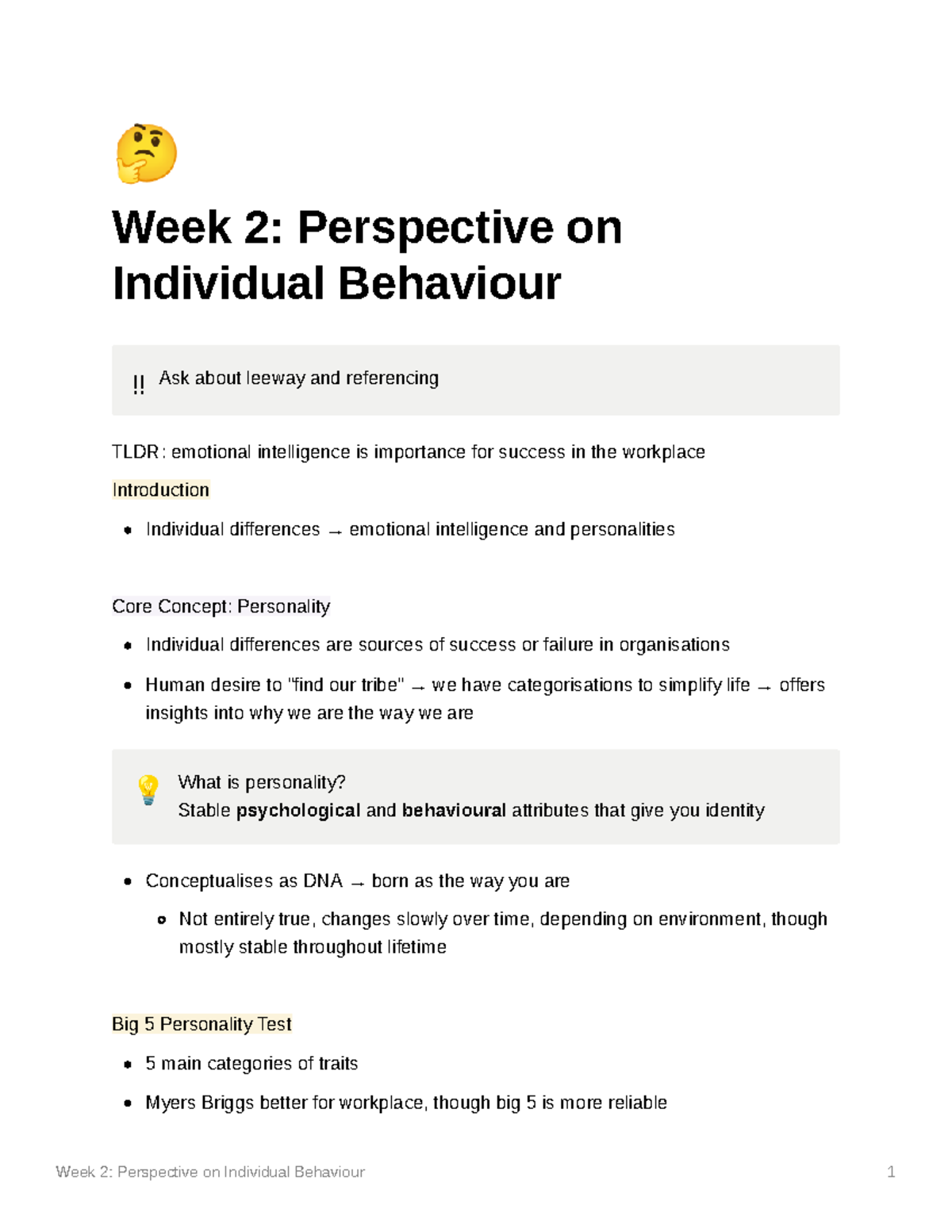 Week 2 Perspective on Individual Behaviour - Once older, these become more fixed Behaviours Will ...