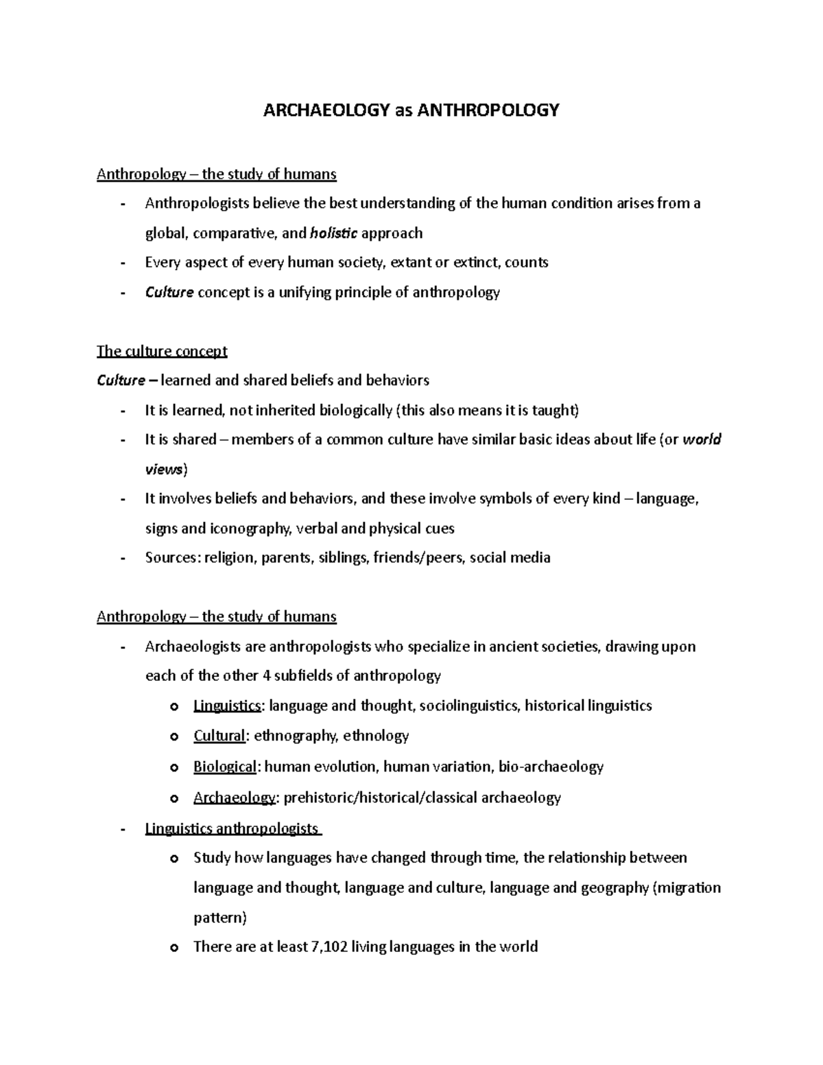 Anthropology Notes - ARCHAEOLOGY as ANTHROPOLOGY Anthropology – the ...