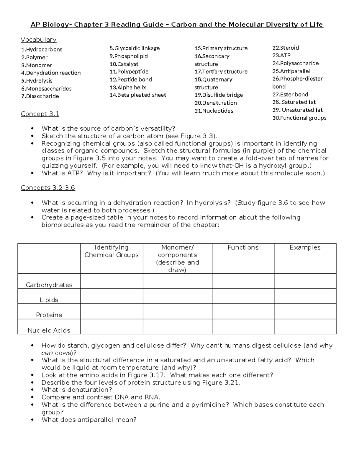 Chapter 3readingguide - AP Biology- Chapter 3 Reading Guide – Carbon ...