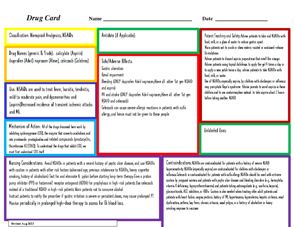 Nonopioid Analgesics, Nsaids - Drug Card Name ...