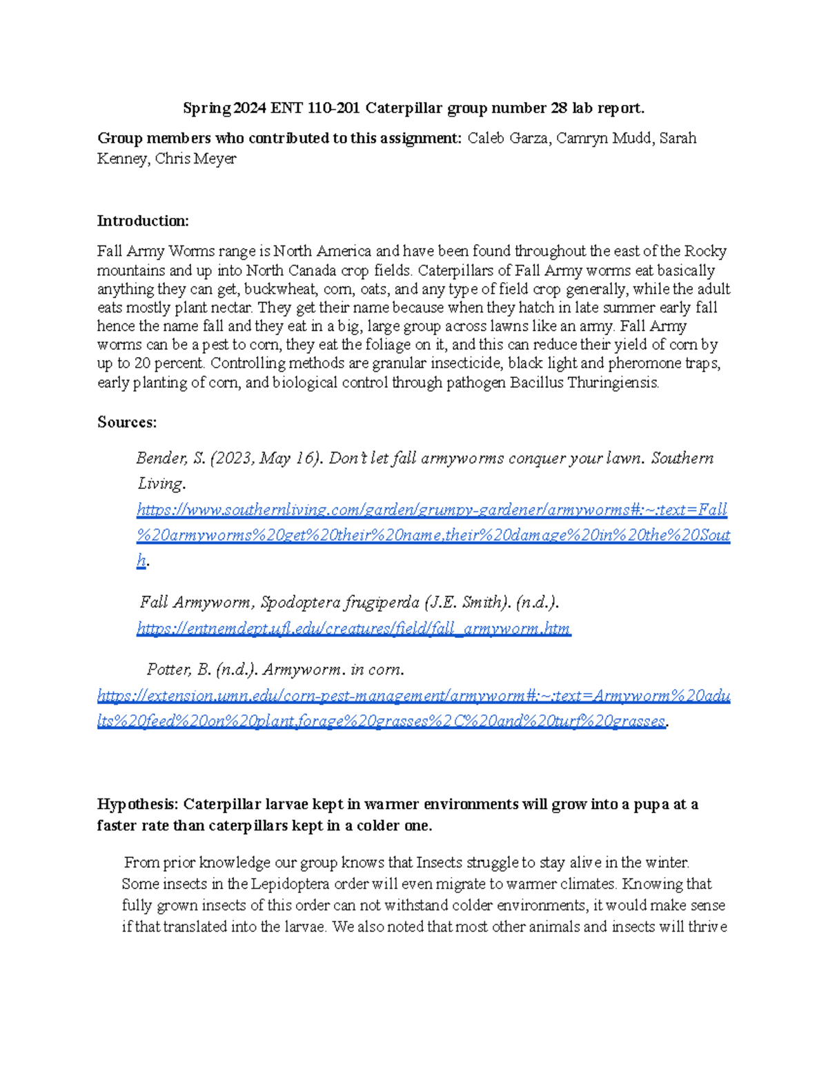Caterpillar Experiment Final Lab Report - Spring 2024 ENT 110-201 ...