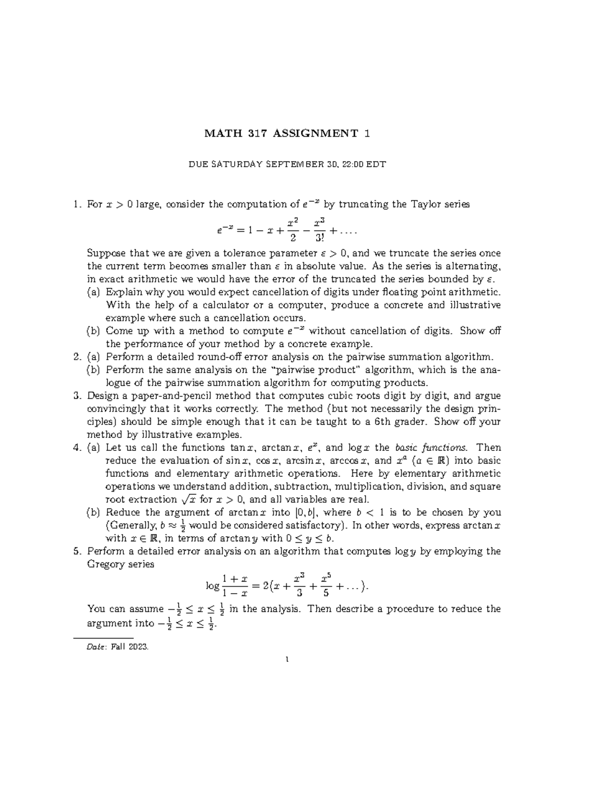 Assignment 1 - MATH 317 ASSIGNMENT 1 DUE SATURDAY SEPTEMBER 30, 22:00 EDT For x > 0 large, - Studocu