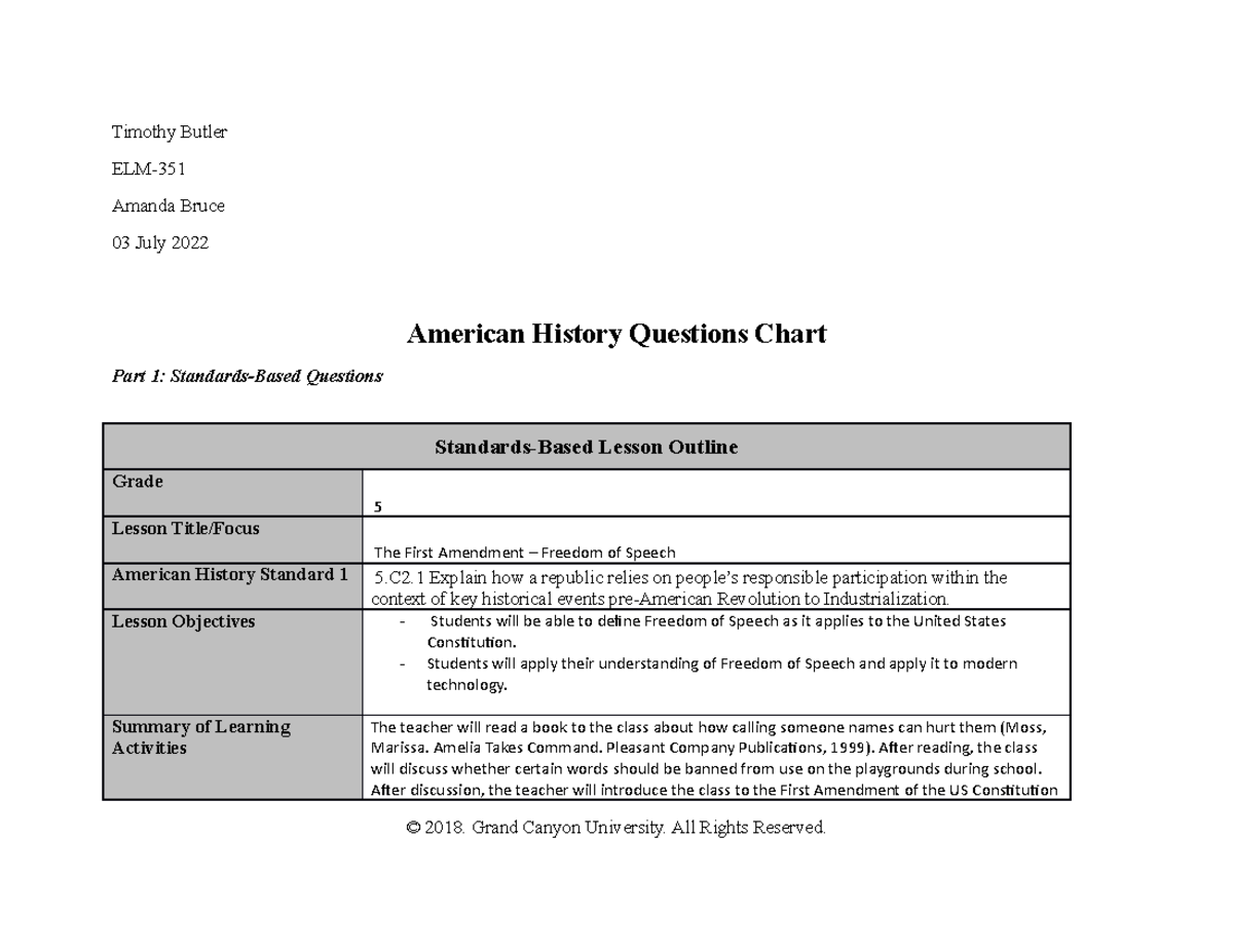 American History Questions Chart Tim Butler - Timothy Butler ELM ...