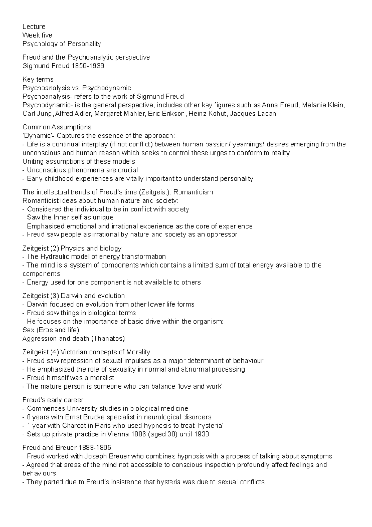 Freud- Week five- Lecture- personality - Lecture Week five Psychology ...