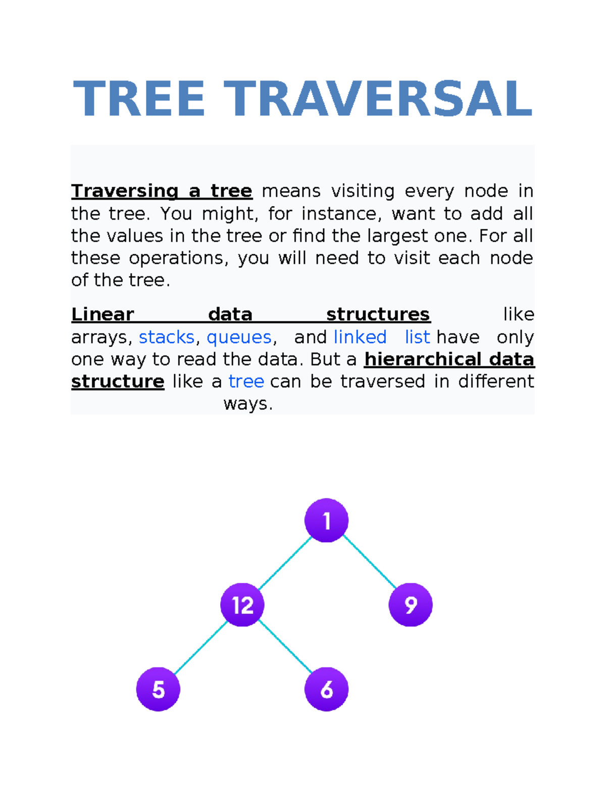 TREE- Traversal - ENJOY - TREE TRAVERSAL Traversing a tree means visiting every node in the tree ...