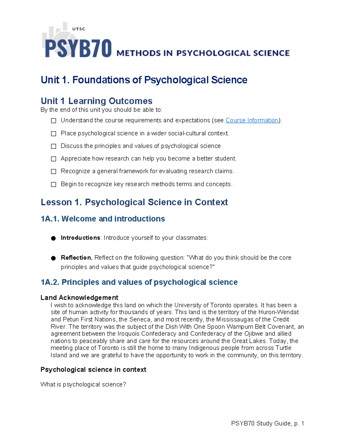 PSYB70 Unit 1 Study Guide - Unit 1. Foundations of Psychological ...