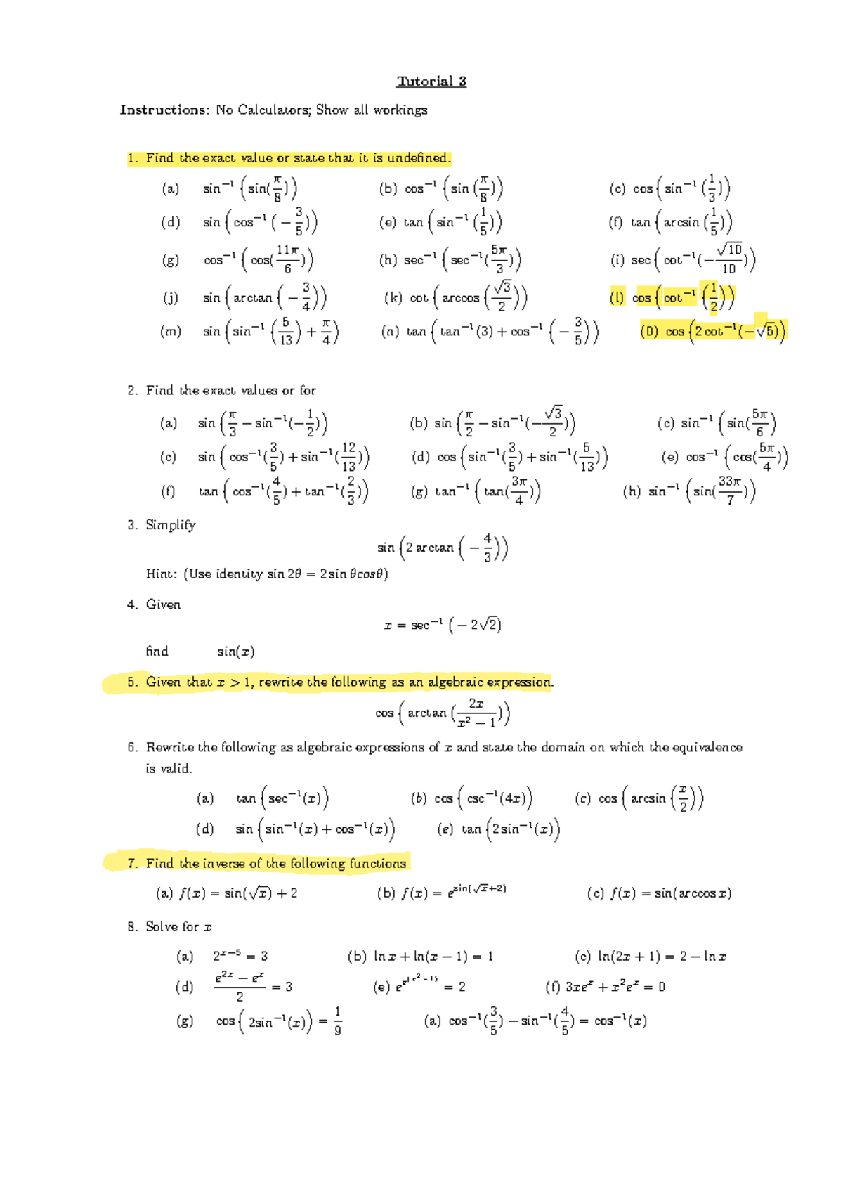 Tutorial 3_Questions set in test 2 - Tutorial 3 Instructions: No ...