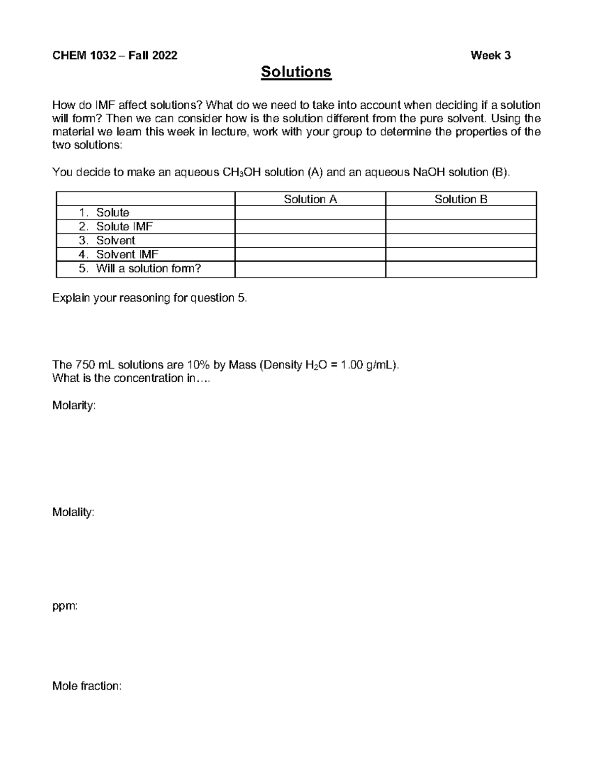 Recitation Week 3 - CHEM 1032 – Fall 2022 Week 3 Solutions How do IMF ...