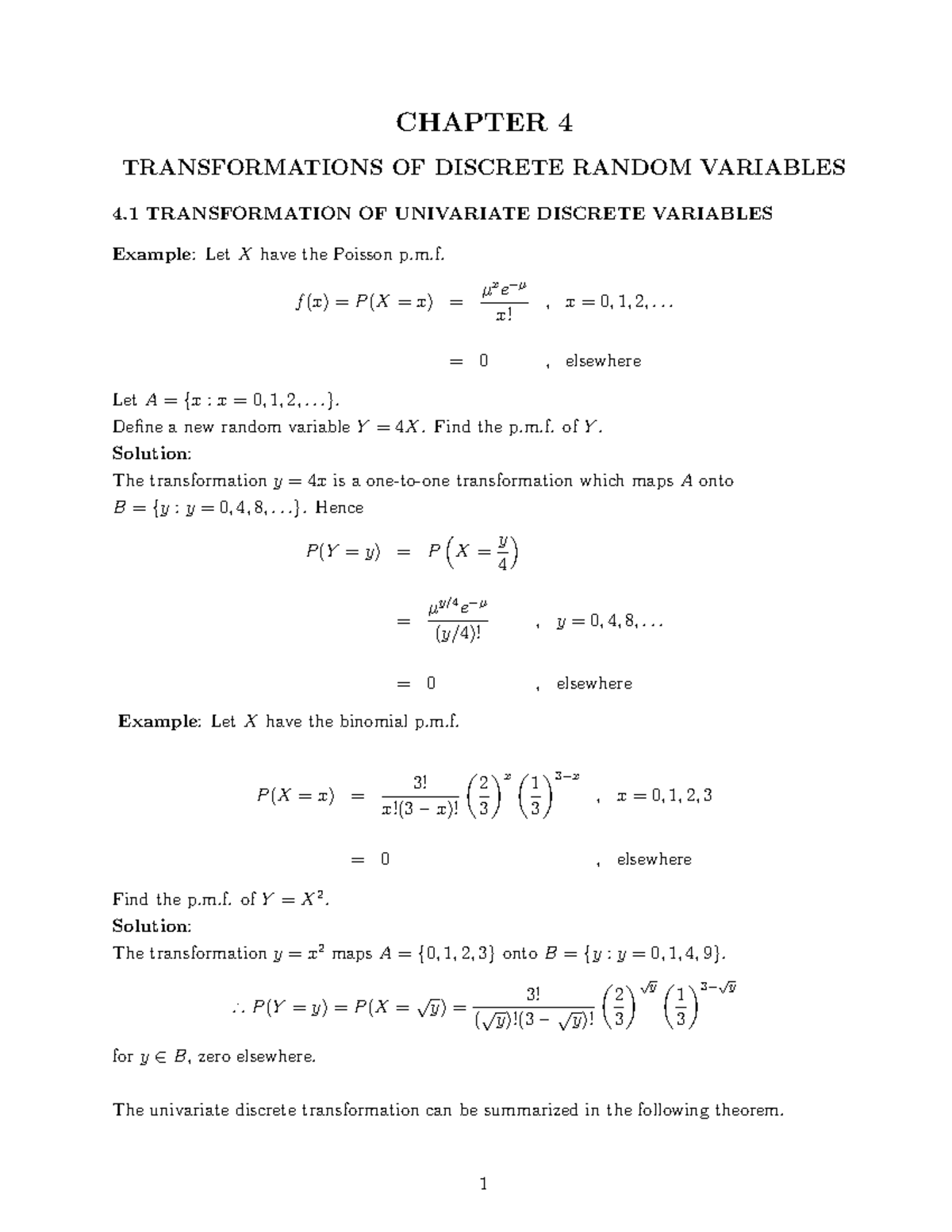 Chapter 4 - CHAPTER 4 TRANSFORMATIONS OF DISCRETE RANDOM VARIABLES 4 TRANSFORMATION OF ...