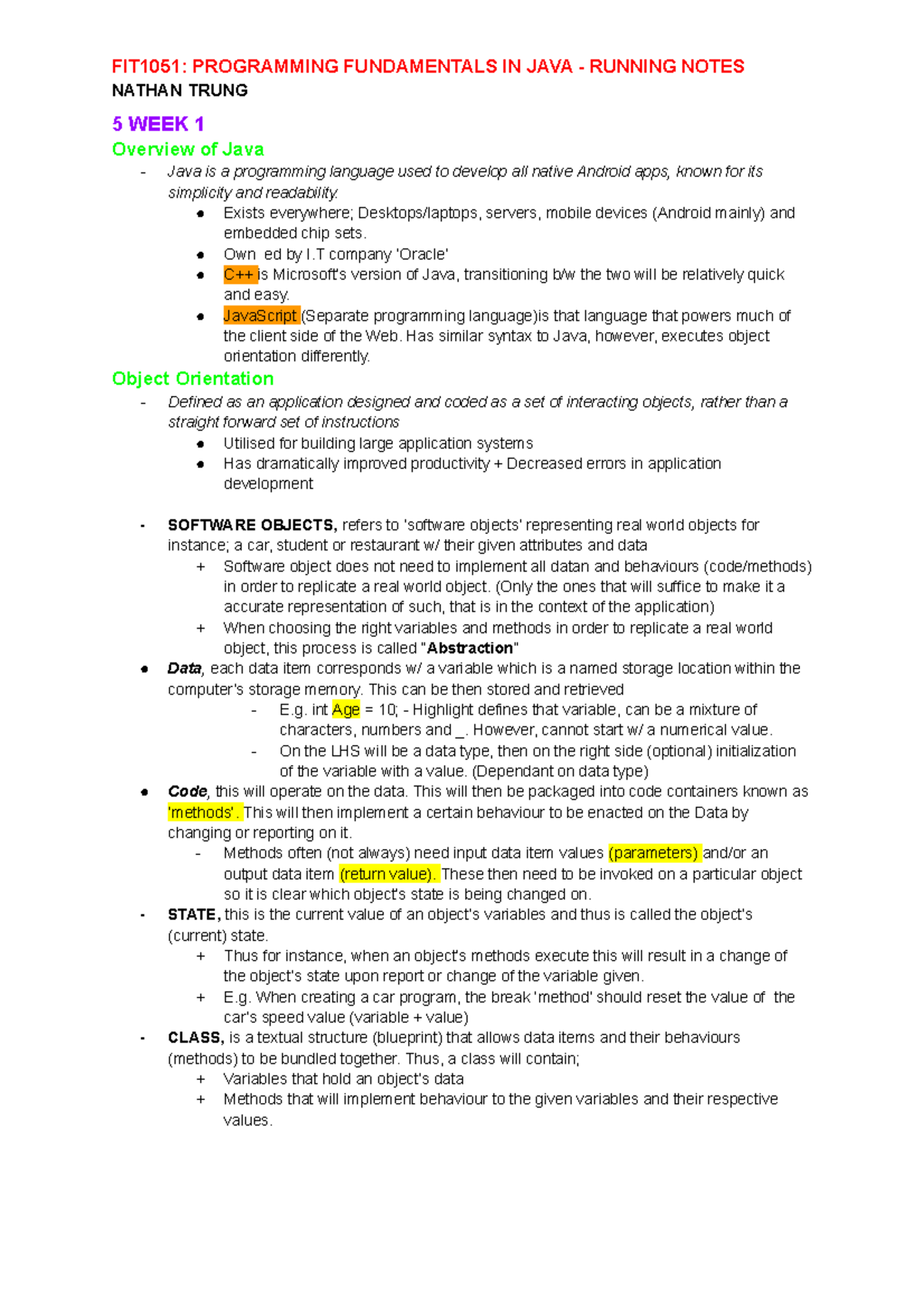FIT1051 Notes - saasdas - NATHAN TRUNG 5 WEEK 1 Overview of Java Java ...