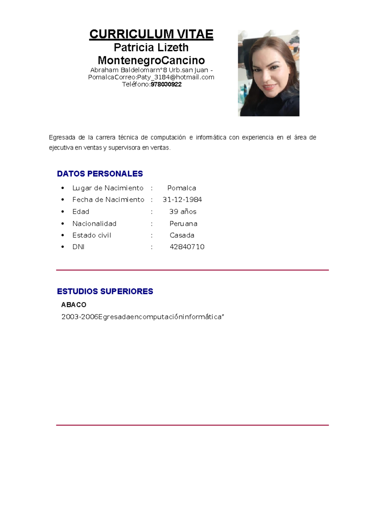 CV Patricia - Currículum - CURRICULUM VITAE Patricia Lizeth ...
