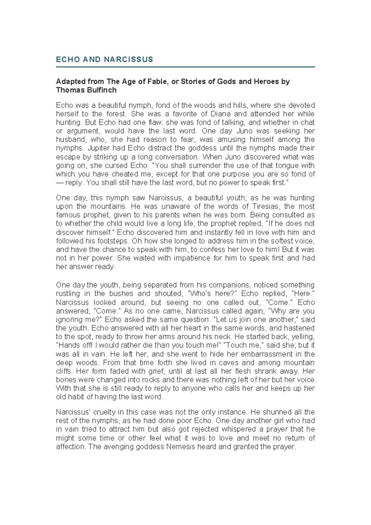 Echo-and-Narcissus - Notes for activity - ECHO AND NARCISSUS Adapted ...