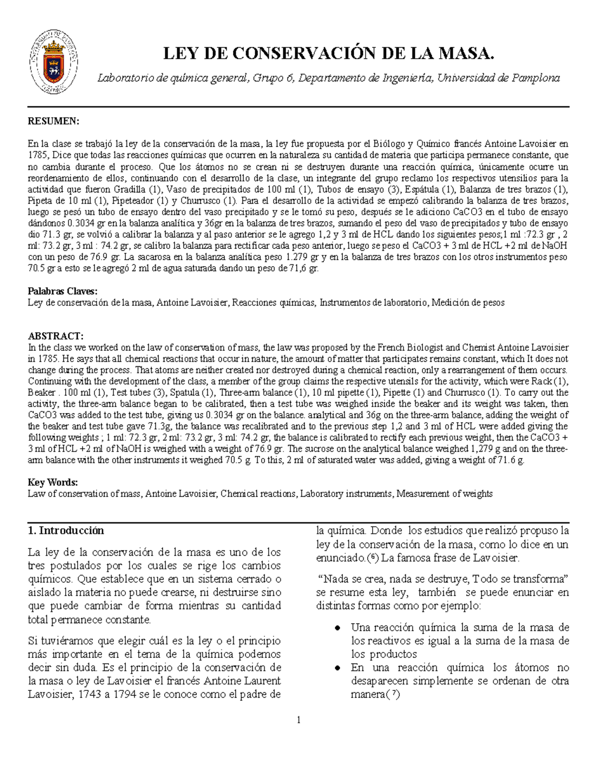 LEY DE Conservación DE LA MASA - LEY DE CONSERVACIÓN DE LA MASA. Laboratorio de química general ...