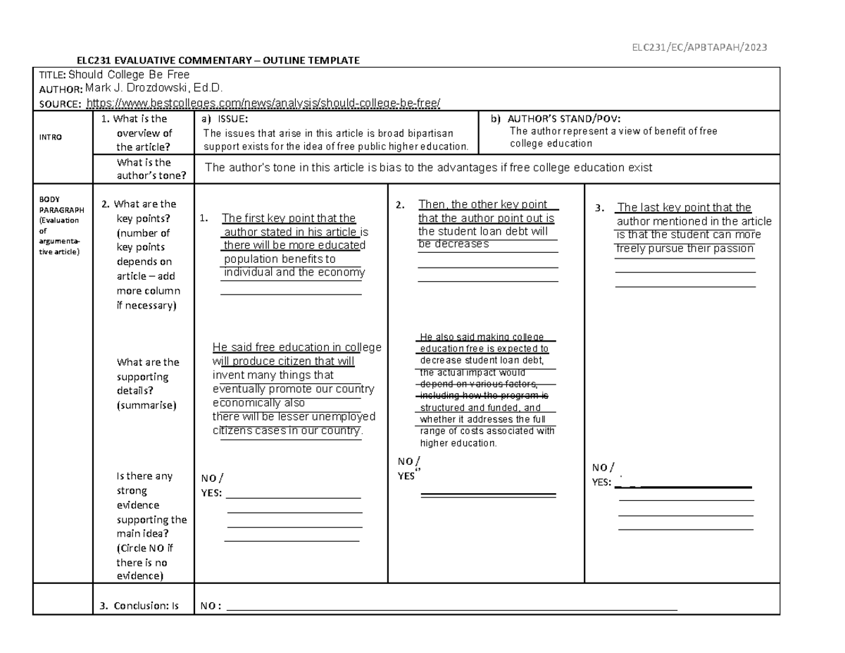 Evaluative Commentary Outline 2023(B) - ELC231/EC/APBTAPAH/ ELC231 EVALUATIVE COMMENTARY ...