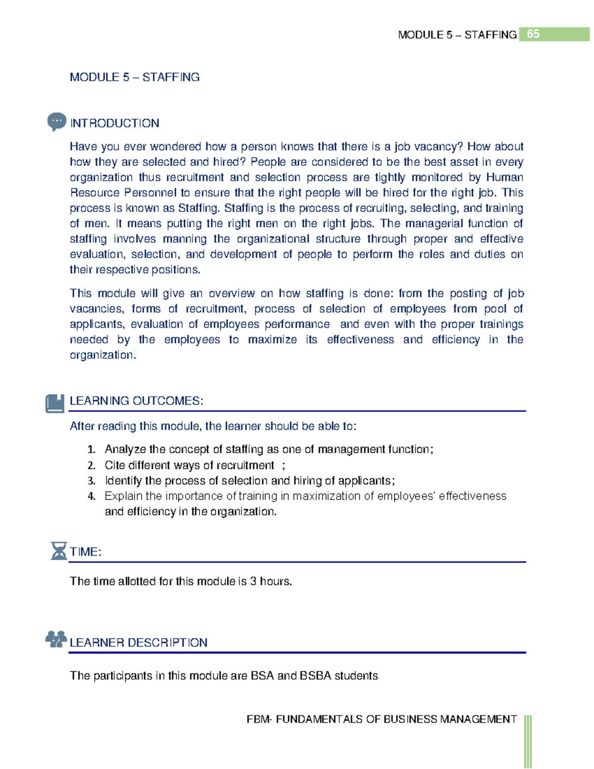 Module 5 Staffing - Business Management - MODULE 5 – STAFFING MODULE 5 ...