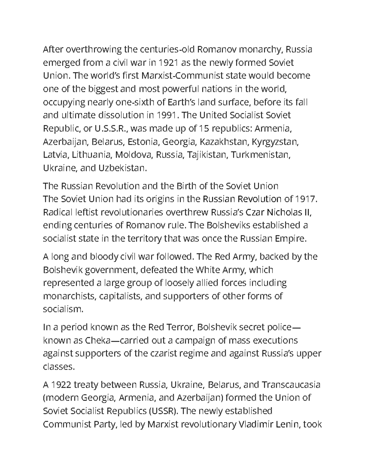 Soviet Union Notes - After overthrowing the centuries-old Romanov ...