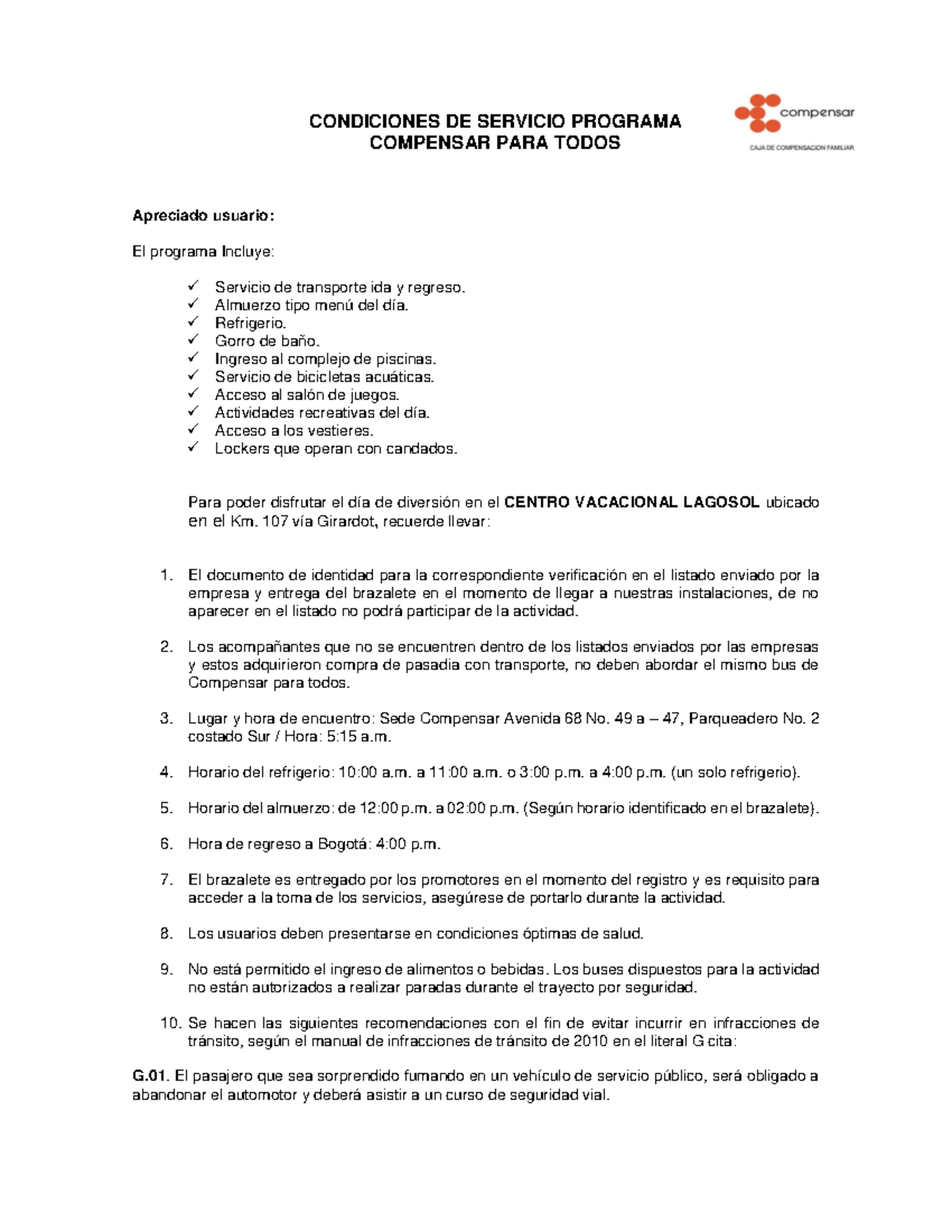Condiciones DE Servicio Programa Compensar PARA Todos CON Transporte Actualizado - CONDICIONES ...