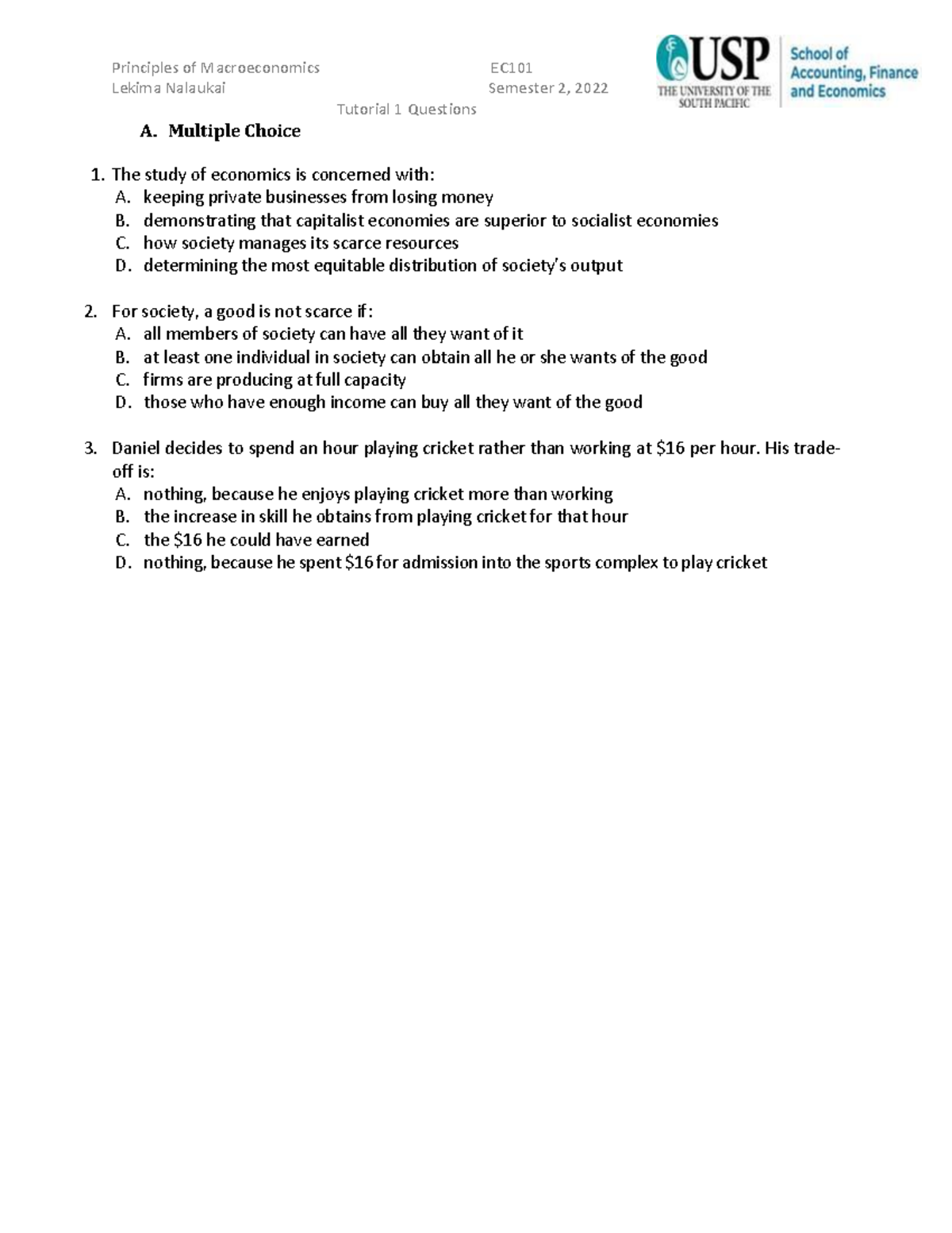 Tutorial 1 Questions Principles Of Macroeconomics Ec Lekima Nalaukai Semester 2 2022 Tutorial