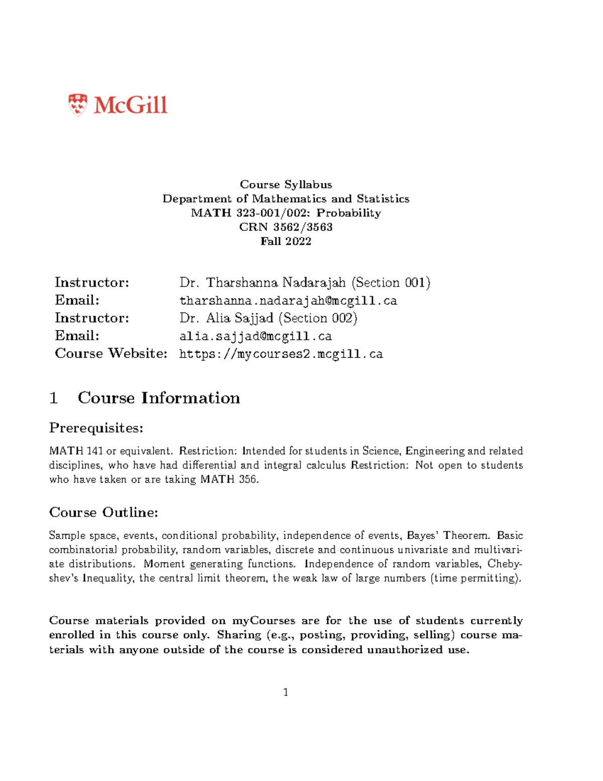 Course Outline - Math 323 - McGill - Studocu