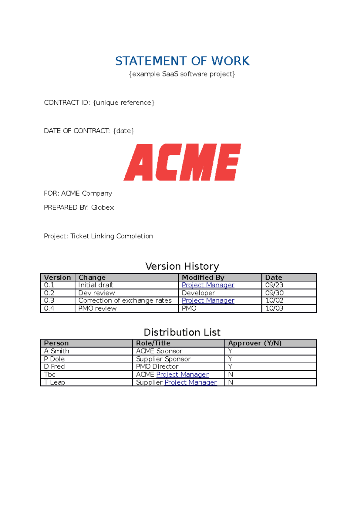 Sample statement of work - STATEMENT OF WORK {example SaaS software ...