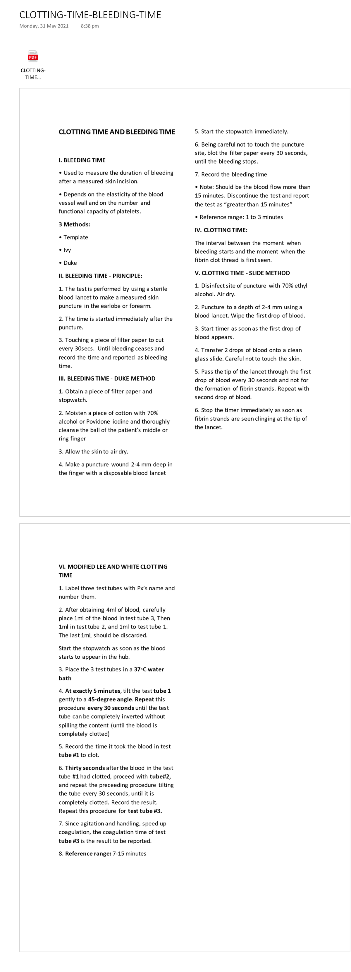Clotting TIME Bleeding TIME - Medical Laboratory Science Program ...