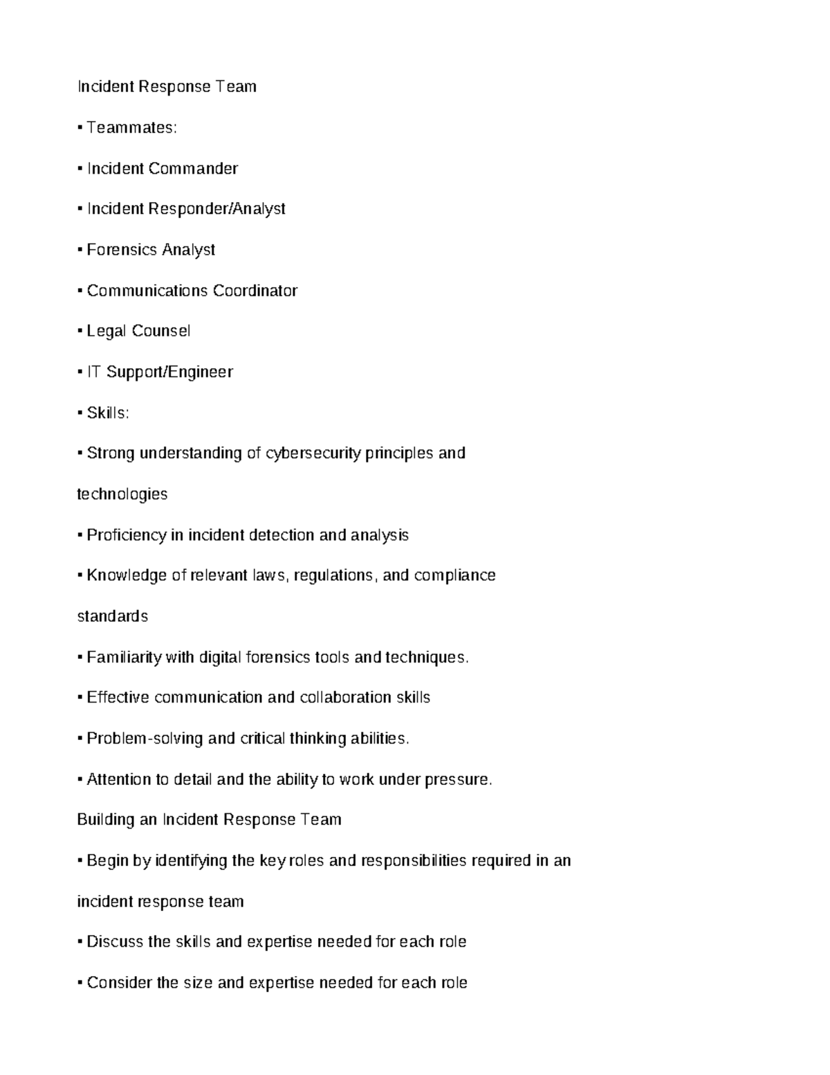 DPI Notes Pt 4 - Incident Response Team Teammates: Incident Commander ...