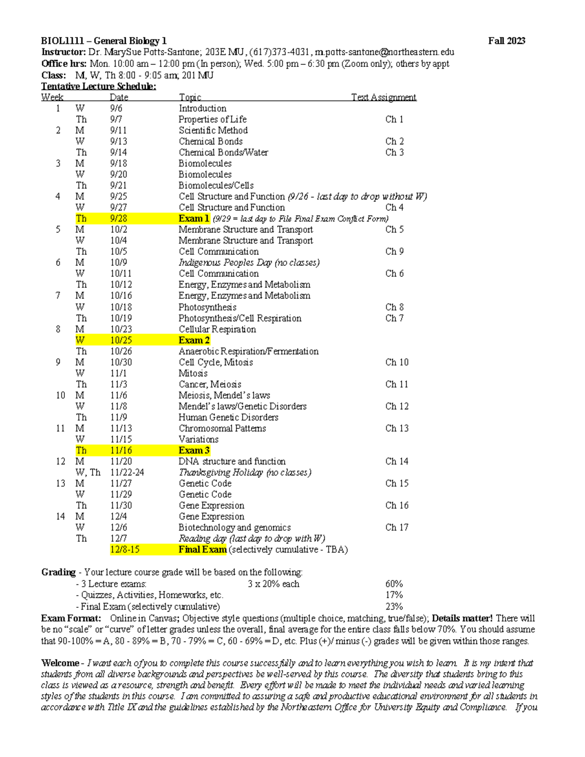BIOL1111-FA23-1 - Syllabus for Prof. Potts-Santone - BIOL1111 – General ...