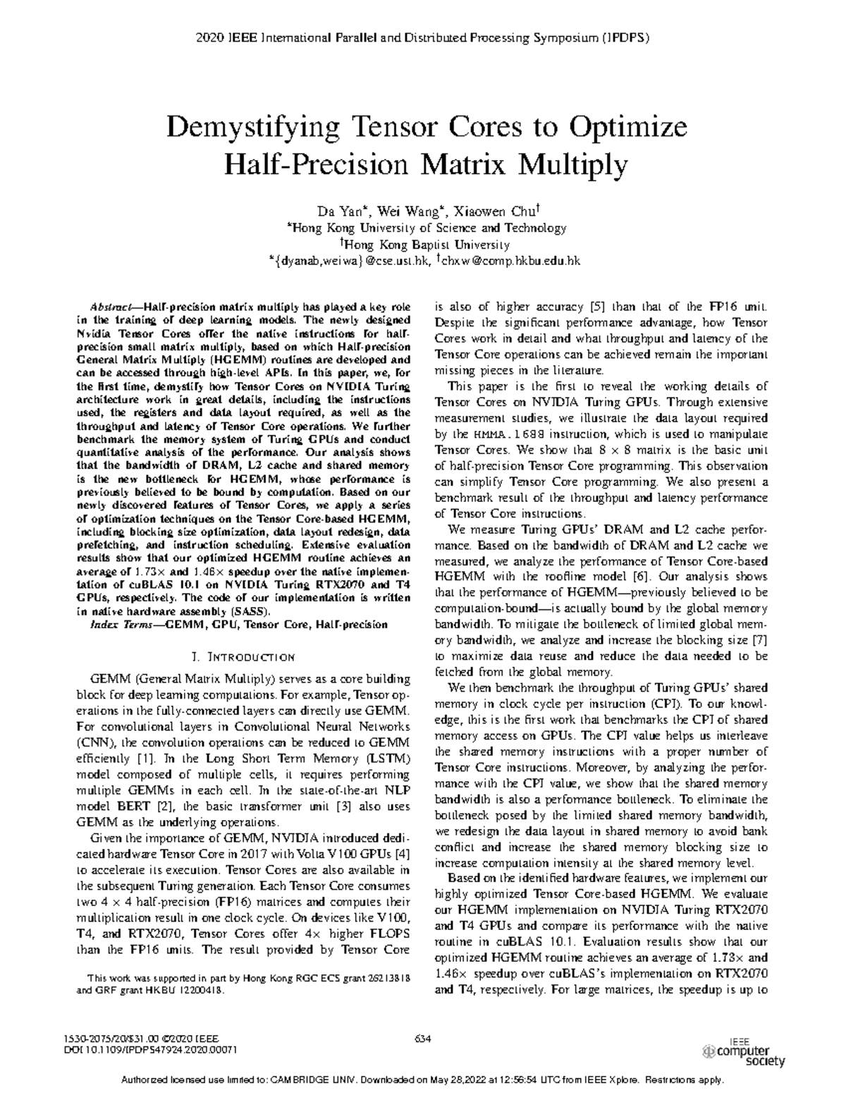 Demystifying Tensor Cores To Optimize Half Precision Matrix Multiply Yan Wang Chu 2020