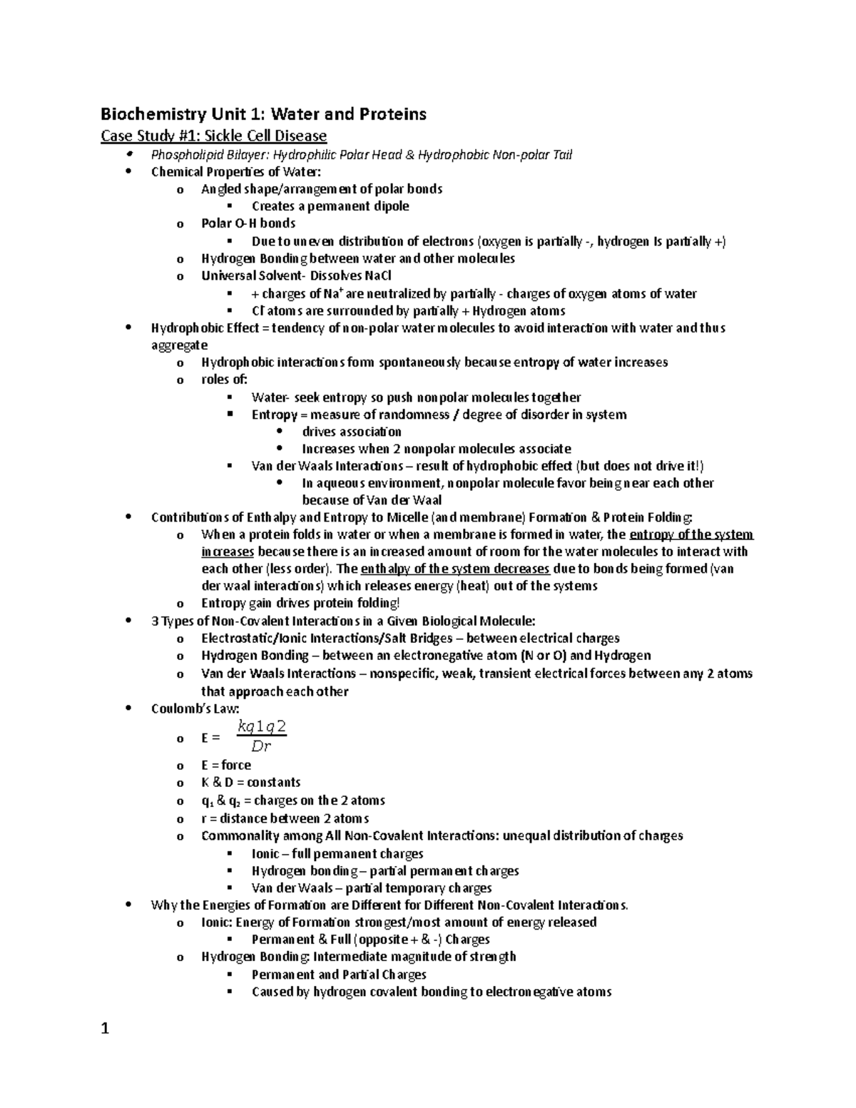 Unit 1 Objectives - Lecture notes Unit 1 - Biochemistry Unit 1: Water ...